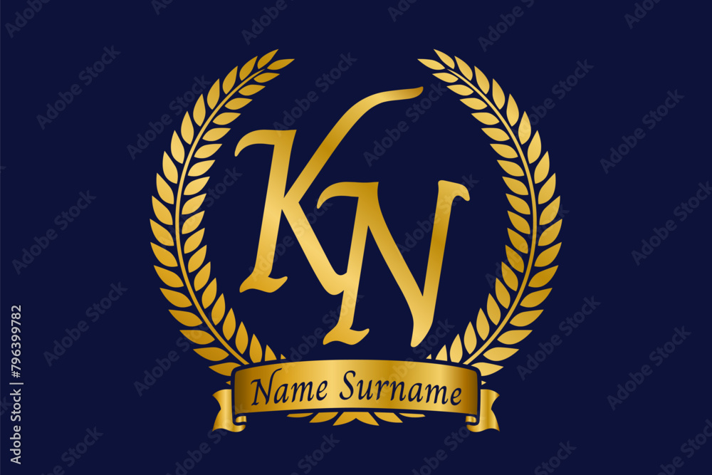 Initial letter K and N, KN monogram logo design with laurel wreath ...