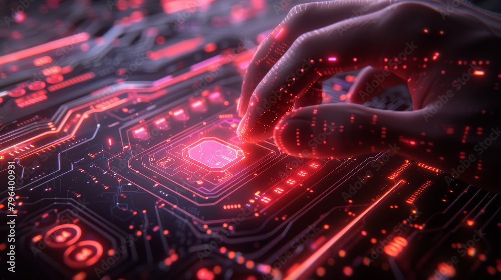 A hand is touching a red computer chip. The image is a representation ...