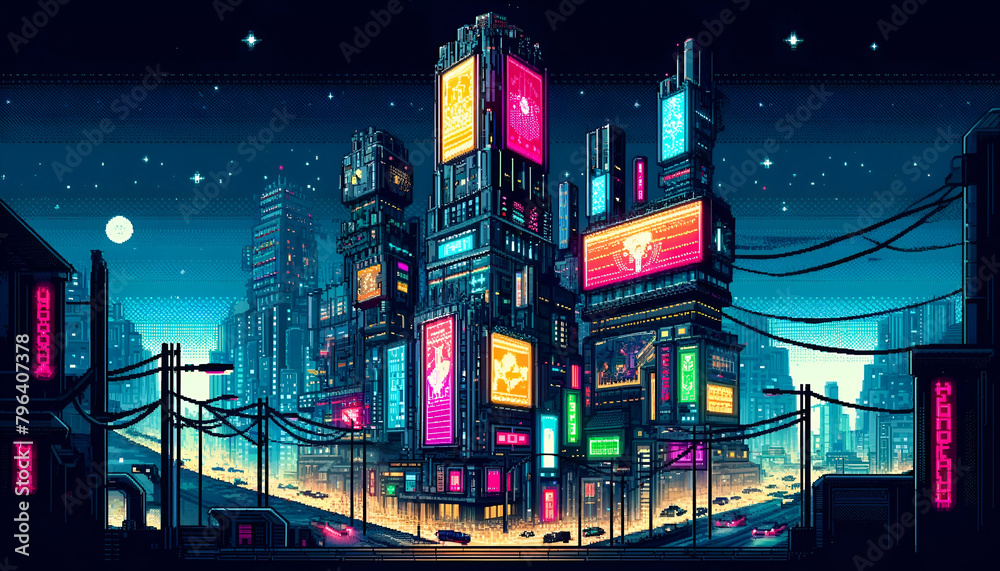 Cyberpunk Cityscape Pixel Art at Night, Vibrant pixel art of a bustling ...