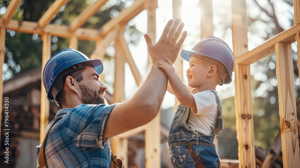 Father with toddler son building wooden frame house. Male builder ...