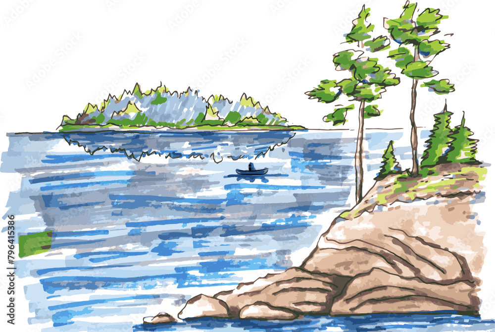 Rocky lake shore with pines. North landscape. Hand drawing sketch with ...