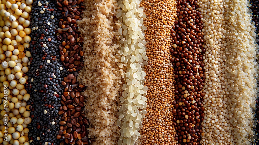 Detailed top view of a vibrant selection of whole grains, rich in ...