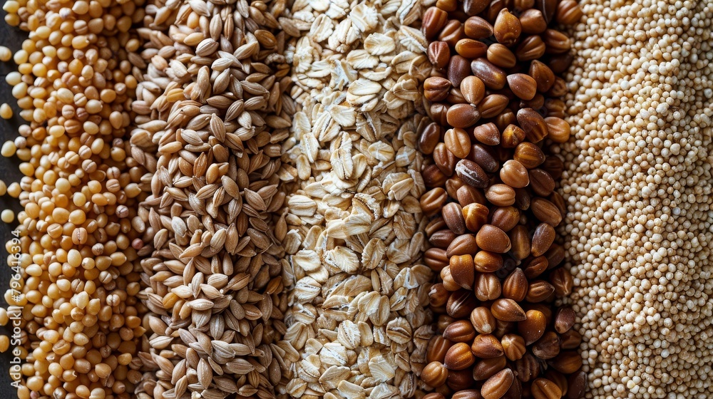 Detailed close-up of fiber-rich whole grains, including bulgur and oats ...