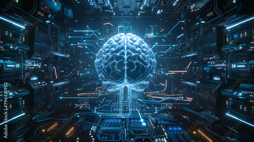 The cybernetic brain, with its glowing neural network, sits prominently ...