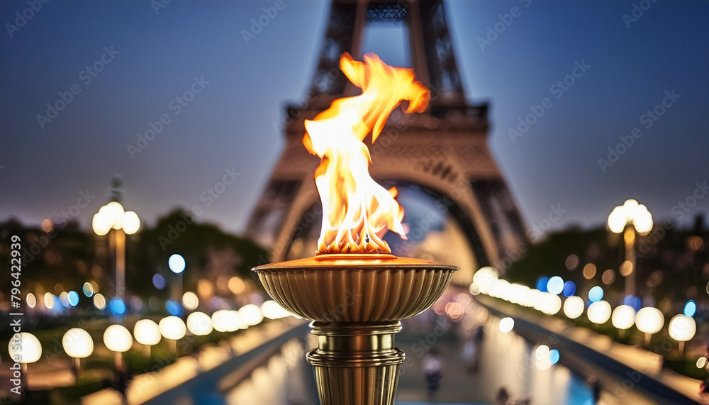 Paris Eiffel Tower on a background. Paris torch flame in front. Olympic ...