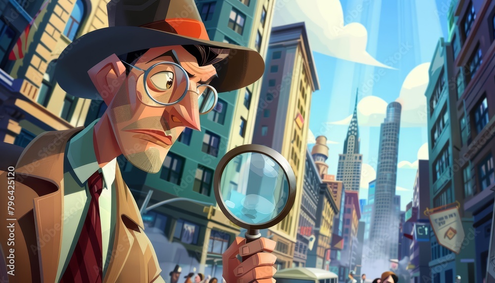 In a bustling cityscape, a retro cartoon detective, sporting a classic ...