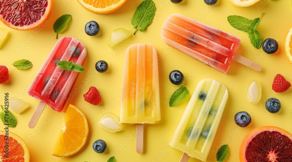Colorful summer popsicles and fruit on a yellow background in a flat ...