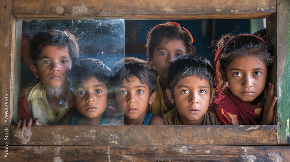 A group of kids looking through a window into a classroom they cannot ...