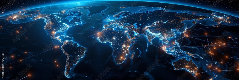 Abstract representation of global connection network on a world map ...