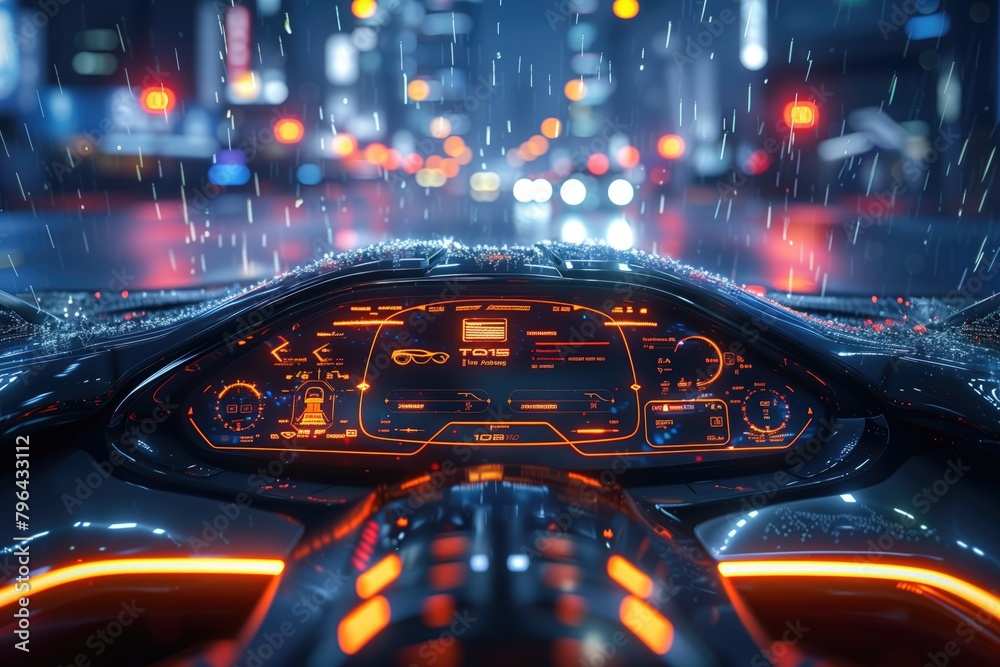 autonomous futuristic car dashboard concept with HUD and hologram ...