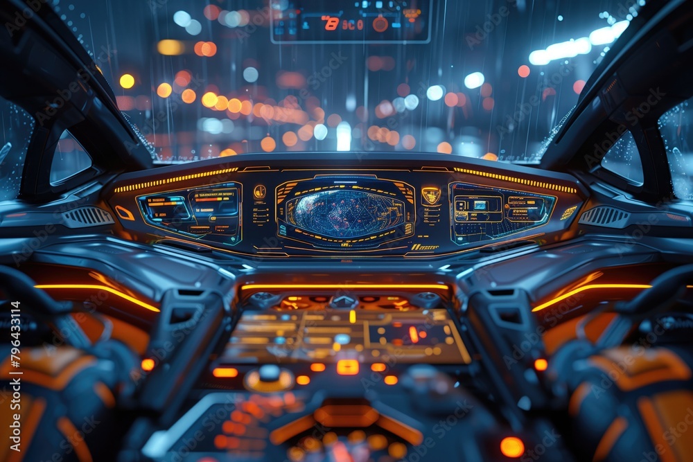 autonomous futuristic car dashboard concept with HUD and hologram ...