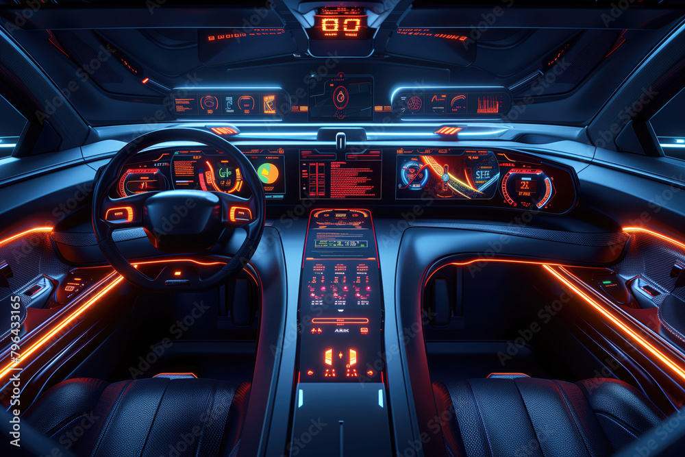 autonomous futuristic car dashboard concept with HUD and hologram ...
