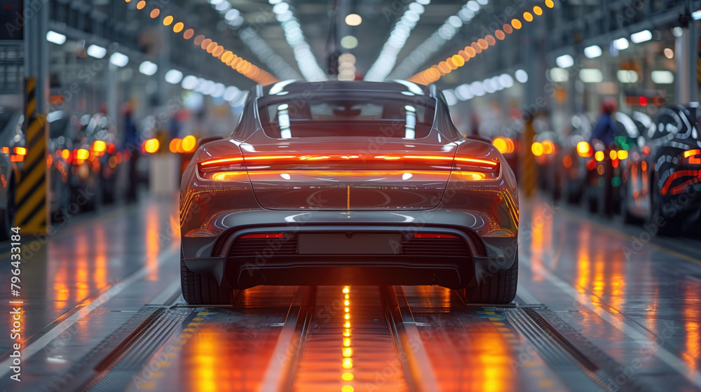Futuristic LED lighting illuminates the assembly line of an electric ...