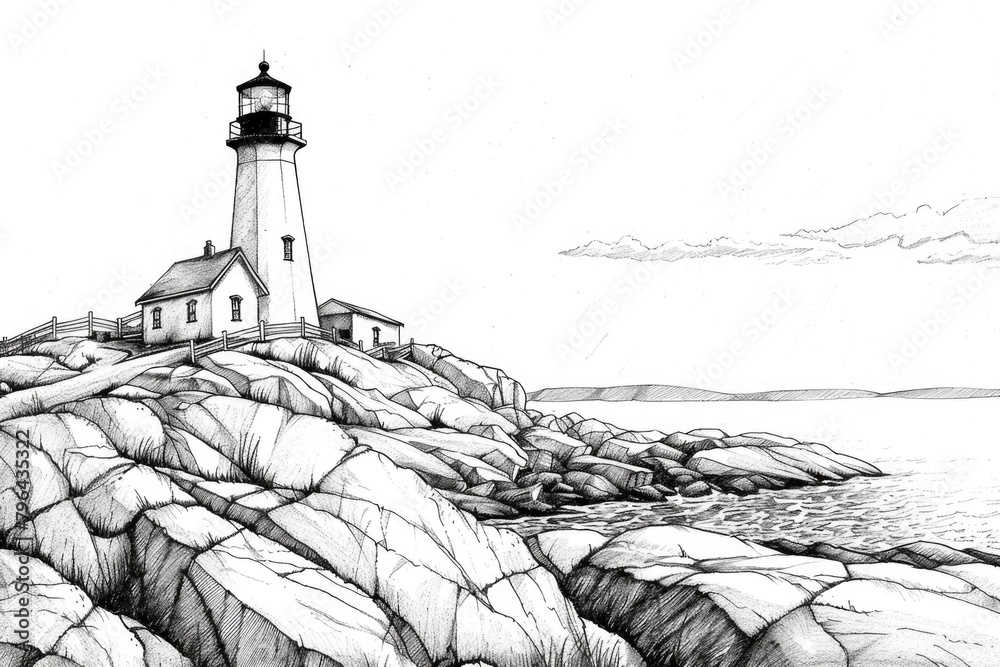 Detailed black and white drawing of a lighthouse. Suitable for various ...
