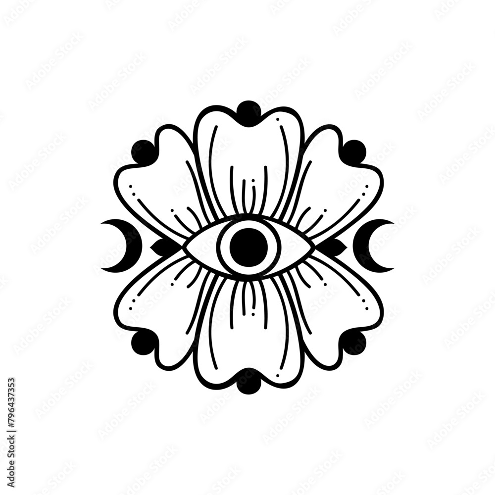 Eye boho. Lineart Vector illustration. Flower moon , Magic celestial ...