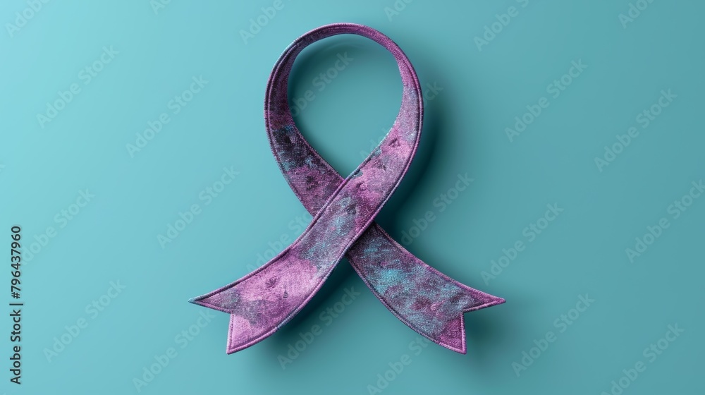 A textured purple ribbon, elegantly presented on a soft teal background ...