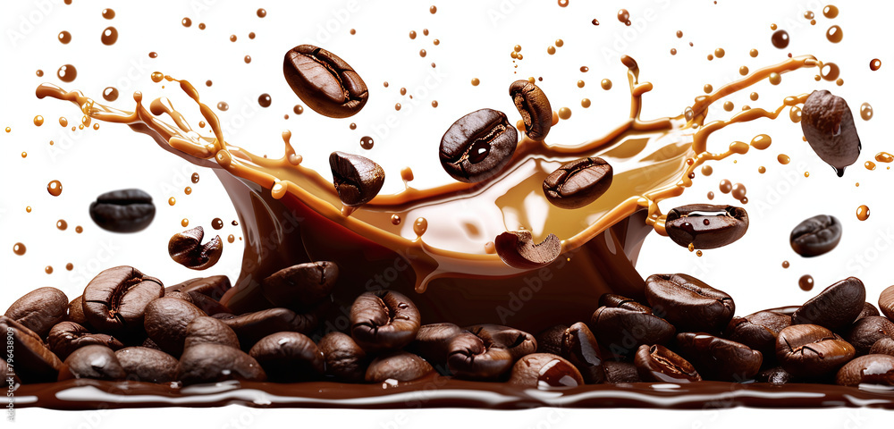 Dynamic image of coffee beans splashing into a pool of coffee ...