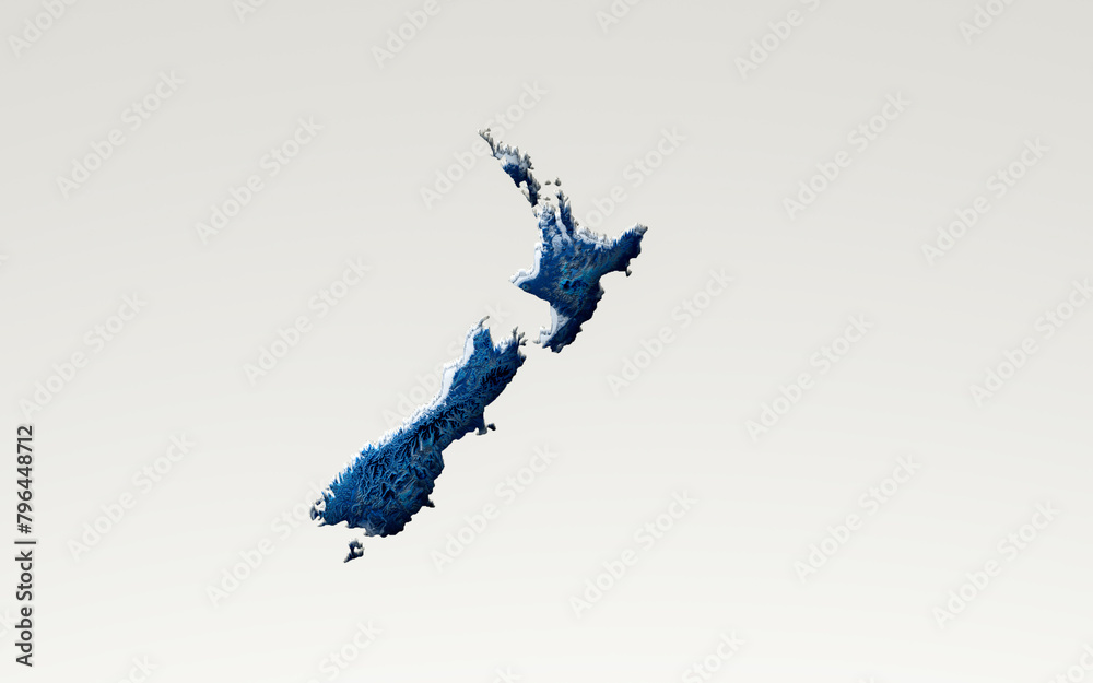 3d Deep Blue Water New Zealand Map Shaded Relief Texture Map On White ...