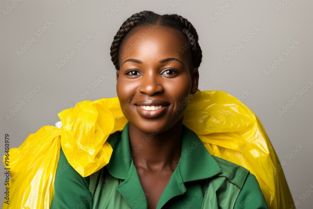b'portrait of a smiling young african woman in a green uniform with a ...