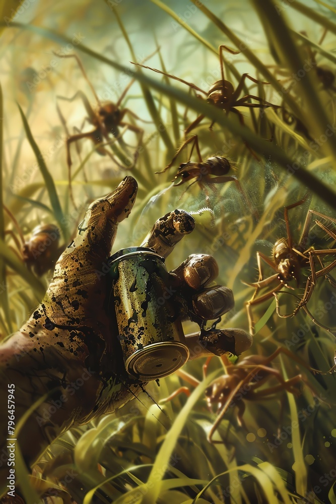 Design a close-up image featuring a survivors shaky hand clutching a ...