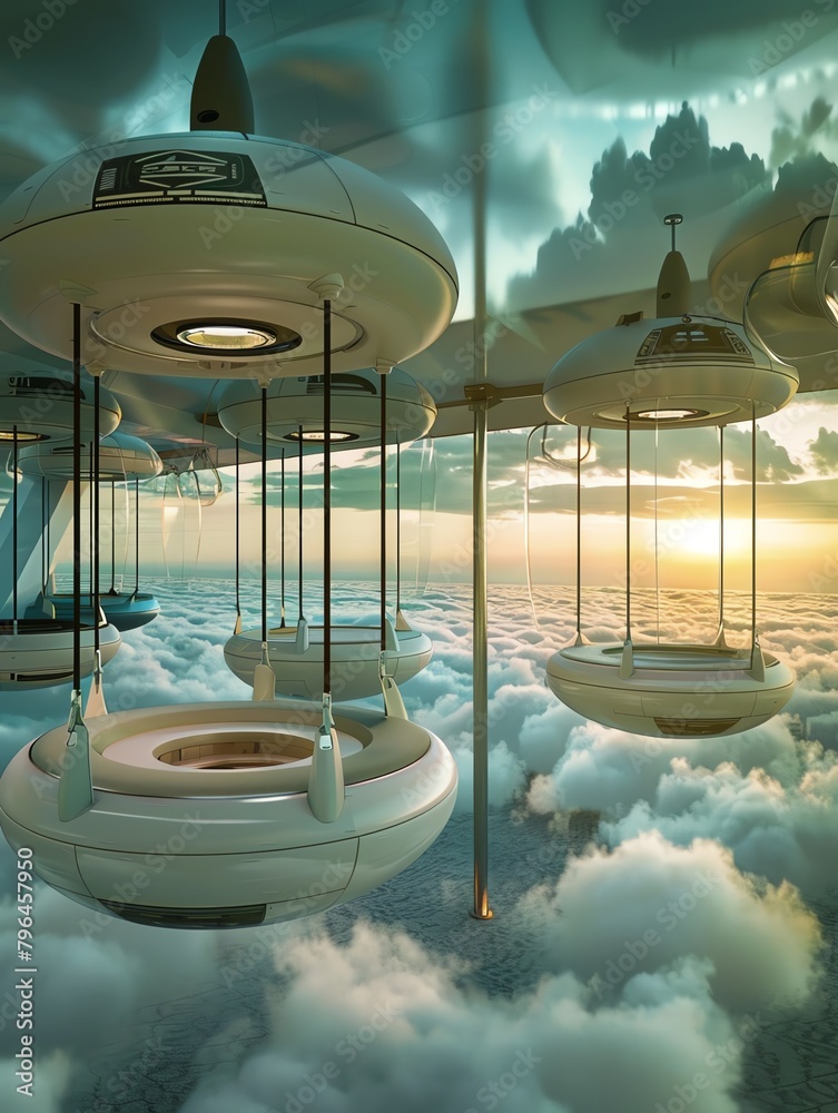 Futuristic floating city with people walking on platforms in the sky ...