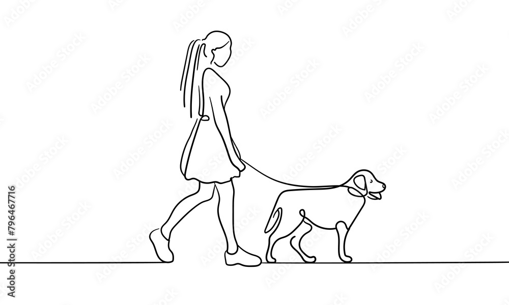 Girl with dog continuous line art drawing isolated on white background ...