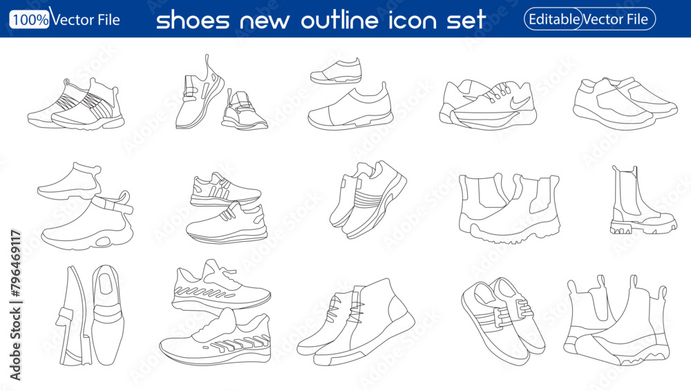 Shoes New vector line art. Set of hand-drawn sneakers, gym shoes, top ...