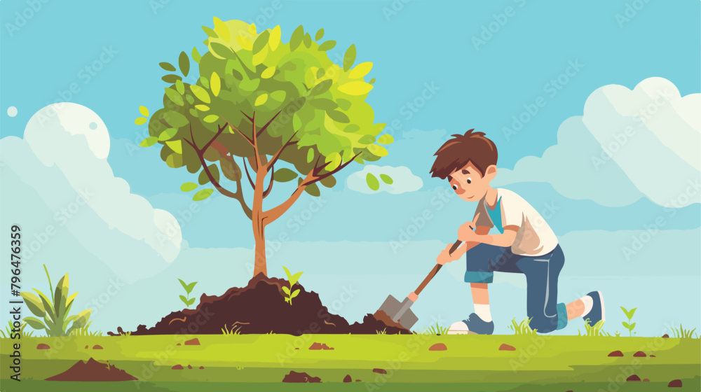 Man digging a hole for a tree. cartoon boy volunteer Stock Vector ...