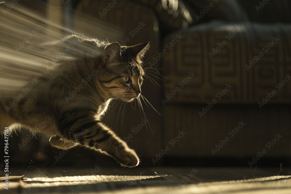 A high-speed chase scene featuring a cat in pursuit, photographed with ...