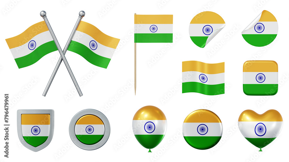 Set of objects with flag of India isolated on transparent background ...
