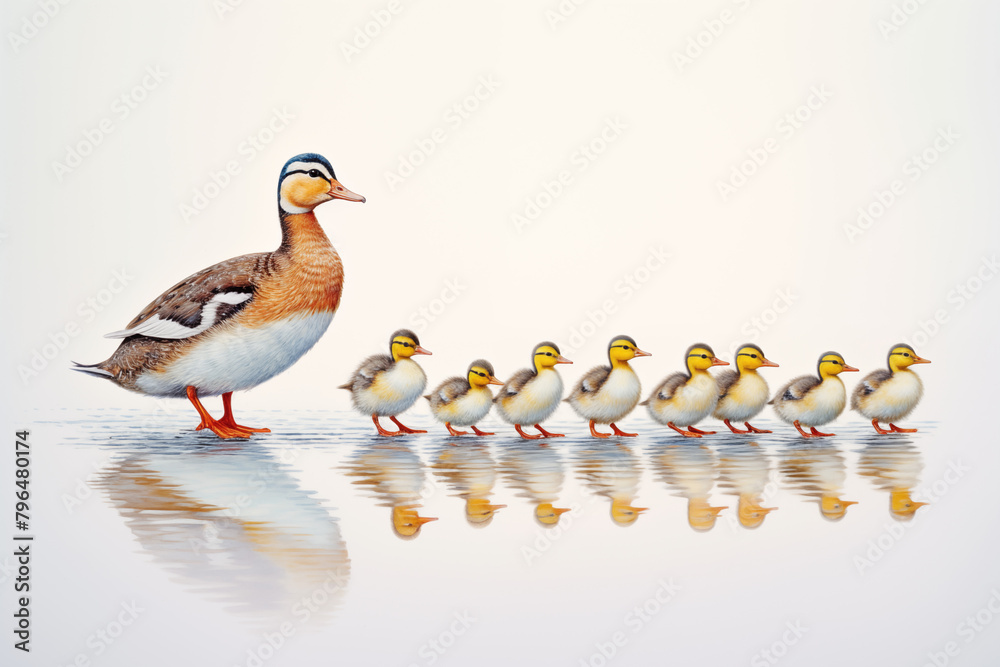 Ducks followed by a line of ducklings Stock Illustration | Adobe Stock