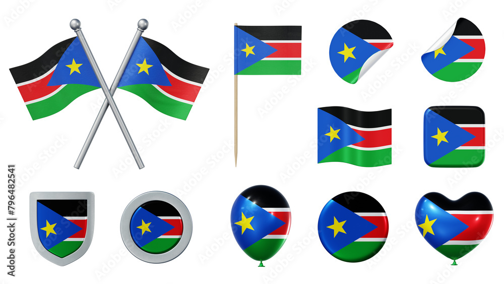 Set of objects with flag of South Sudan isolated on transparent ...