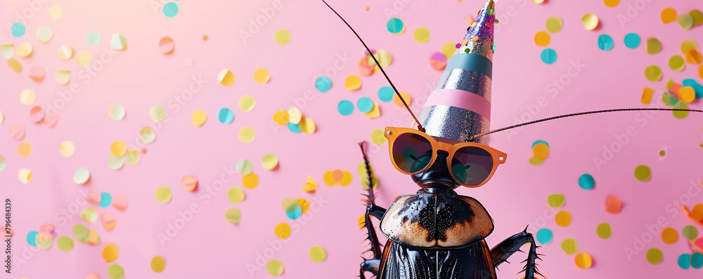 Cockroach with party hat and sunglasses on pink background with ...