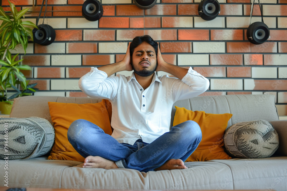 Dissatisfied and angry young Indian man sitting on sofa at home and ...