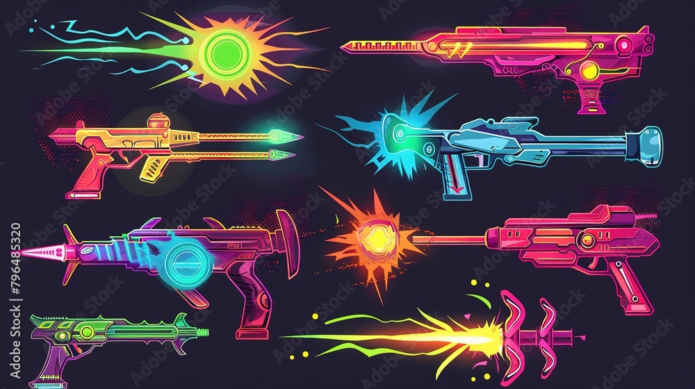 Collection of futuristic neon blasters on a dark background: a vibrant ...