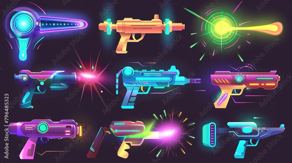 Collection of futuristic neon blasters on a dark background: a vibrant ...