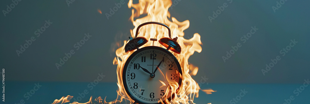 Burning alarm clock. Time out or deadline pressure concept. Clock on ...