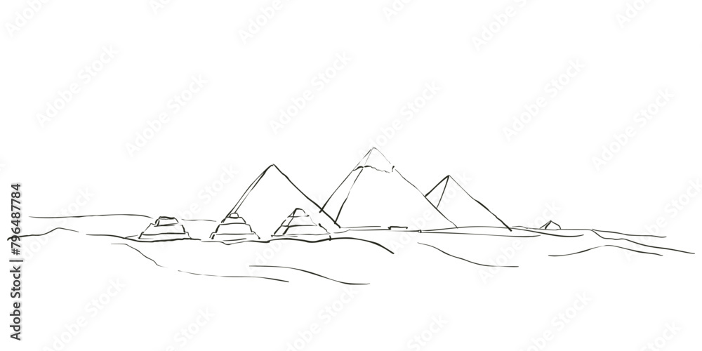 Pyramids in the desert vector sketch, Egyptian pyramids in Giza in the ...