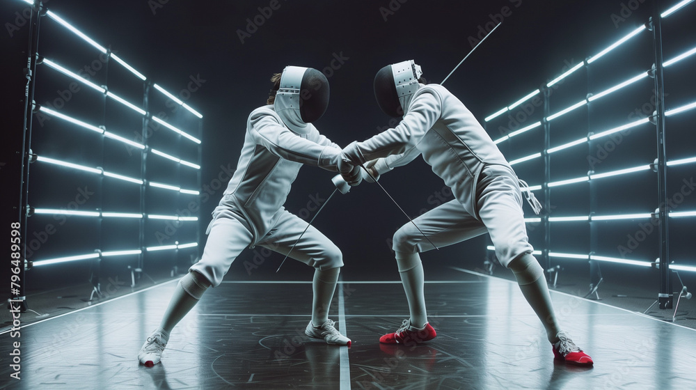 Dynamic Fencing Match: Athletes Dueling with Swords in Olympic Games ...