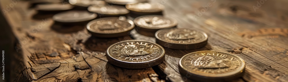 Coins clink gently as they are counted out on a wooden counter, their ...