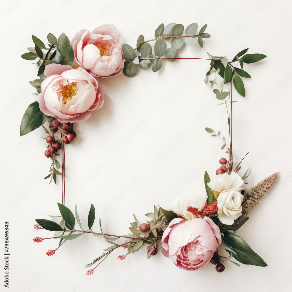 Square botanical frame with copy space. Square shape with peony flowers ...