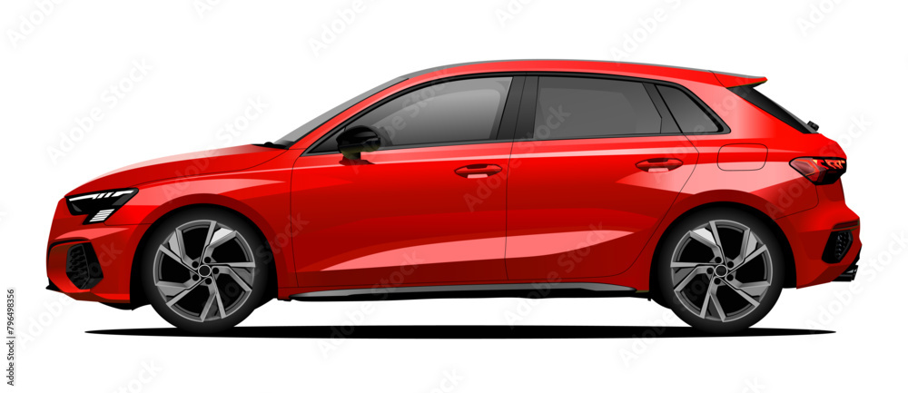 Realistic vector illustration red car in side view, isolated in ...