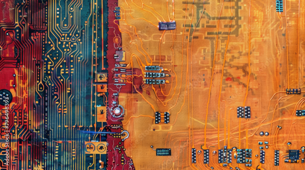 A detailed shot of a printed circuit board on a textile created by ...