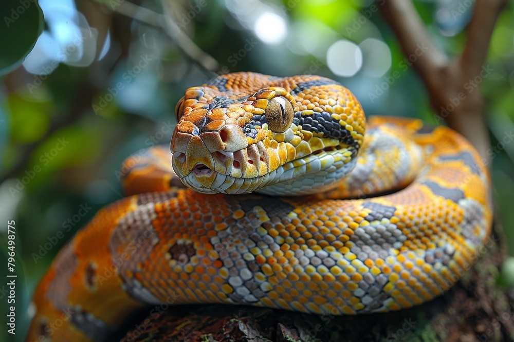 Reticulated Python: Coiled around a tree trunk, displaying its impressive size and pattern ...