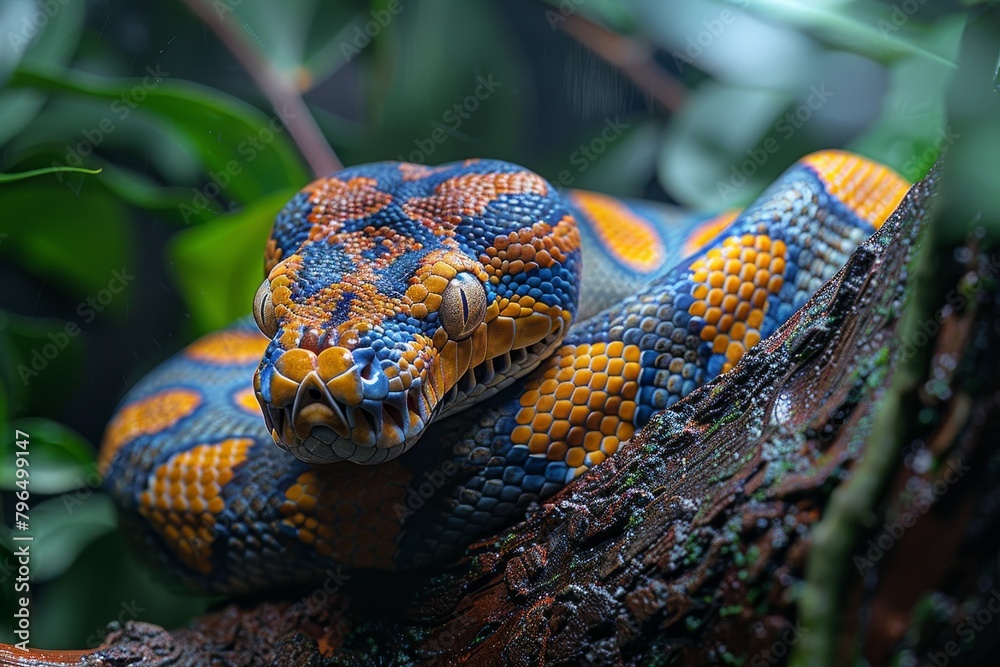Reticulated Python: Coiled around a tree trunk, displaying its impressive size and pattern ...
