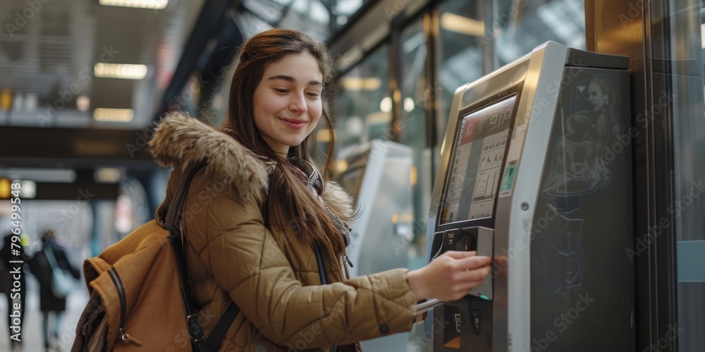 Access control, cheerful businesswoman, security card with building ...
