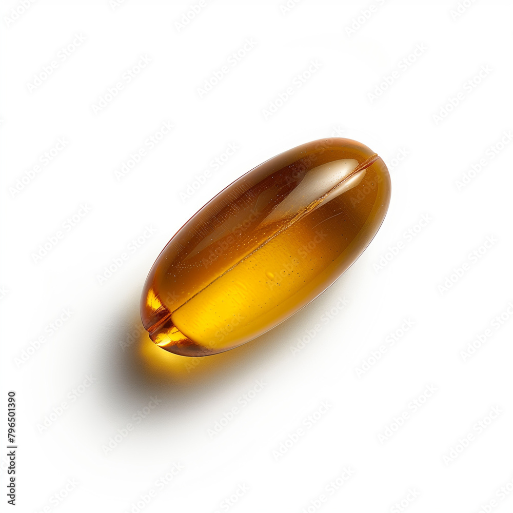 A single softgel capsule of omega-3 fish oil, isolated on a pristine ...