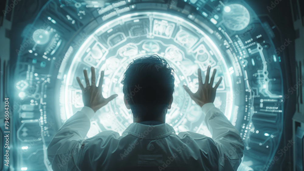 Lab workers in masks surrounded by scientific symbols: a visual ...