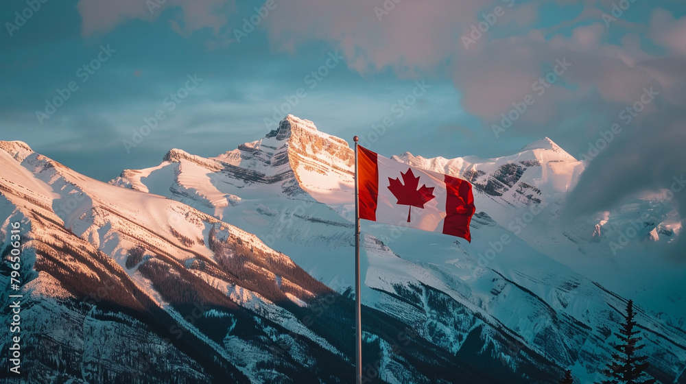 Canadian Flag The red and white maple leaf flag of Canada waving ...