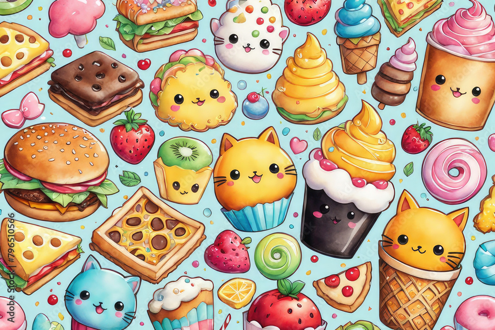 Watercolor composition of fast food junk Kawaii funny cartoon ...